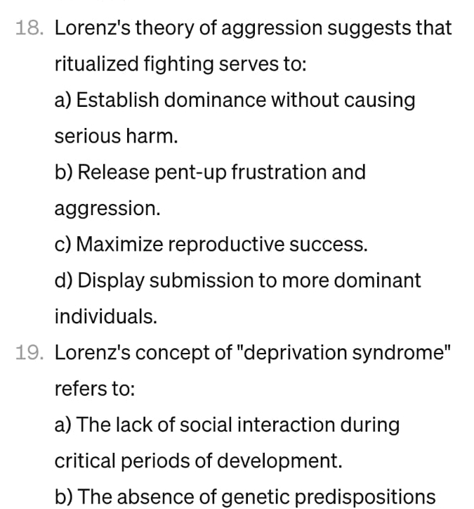 Solved Lorenz's theory of aggression suggests that | Chegg.com