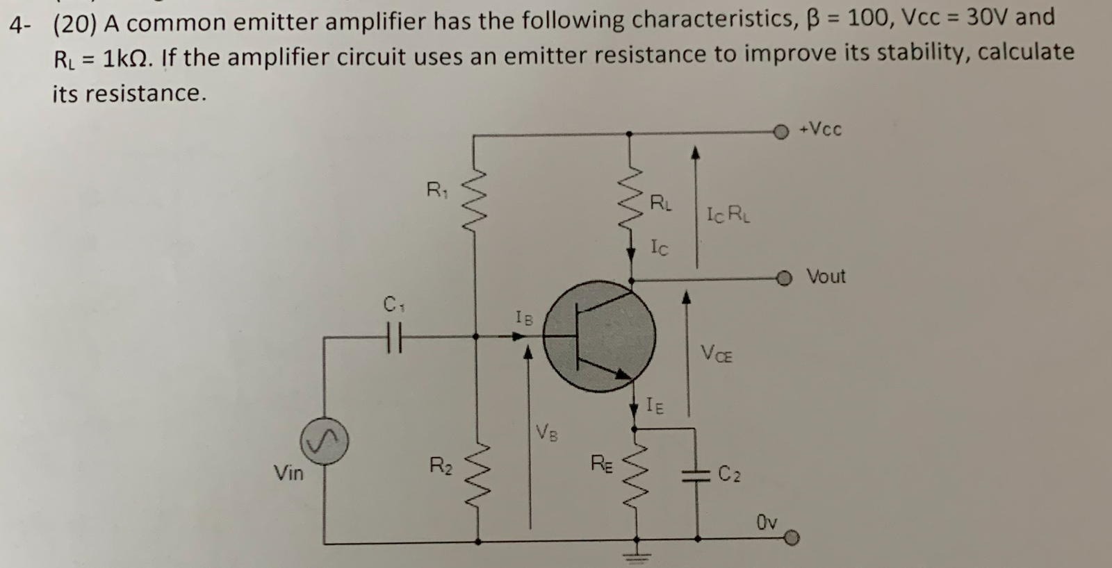 Solved 4- (20) ﻿A common emitter amplifier has the following | Chegg.com