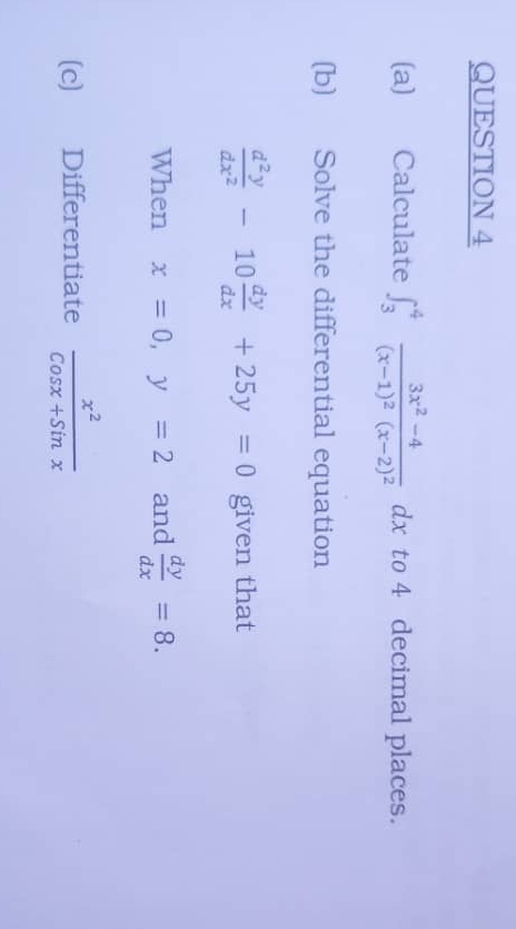 Solved QUESTION 4(a) ﻿Calculate ∫343x2-4(x-1)2(x-2)2dx ﻿to 4 | Chegg.com
