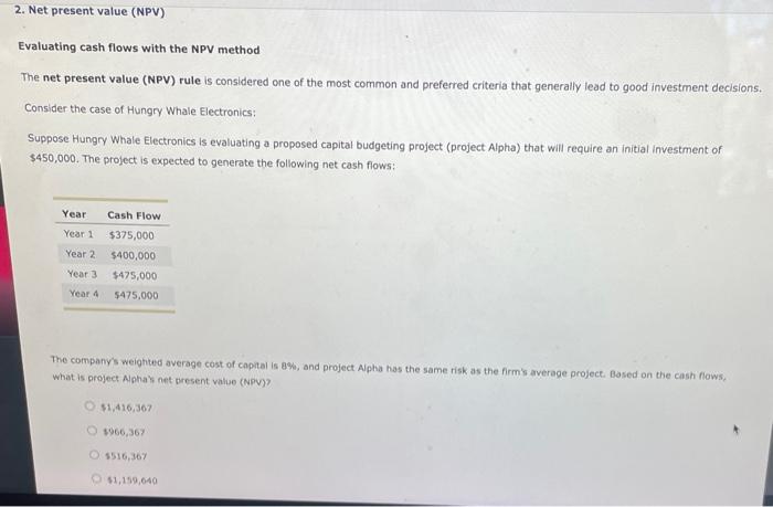 Solved Evaluating cash flows with the NPV method The net | Chegg.com