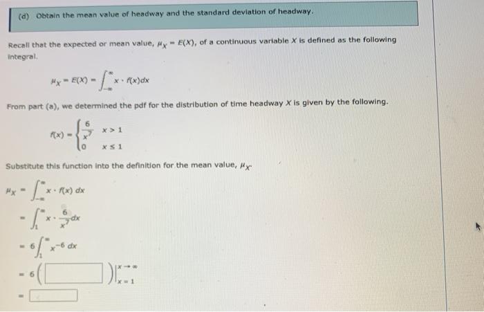 Solved (d) Obtain the mean value of headway and the standard | Chegg.com