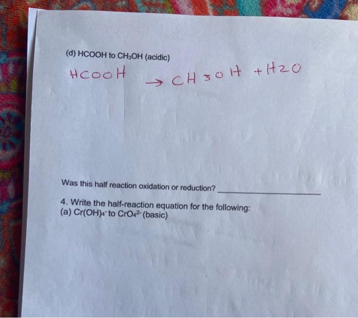 Solved (c) HO2 to OH (basic) Was this half reaction | Chegg.com