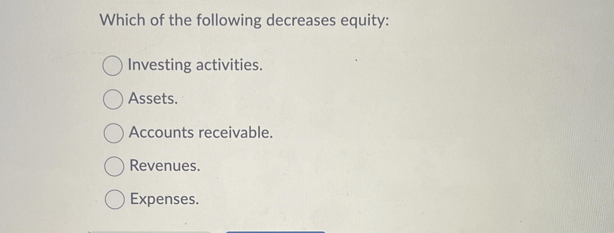 Solved Which of the following decreases equity:Investing | Chegg.com