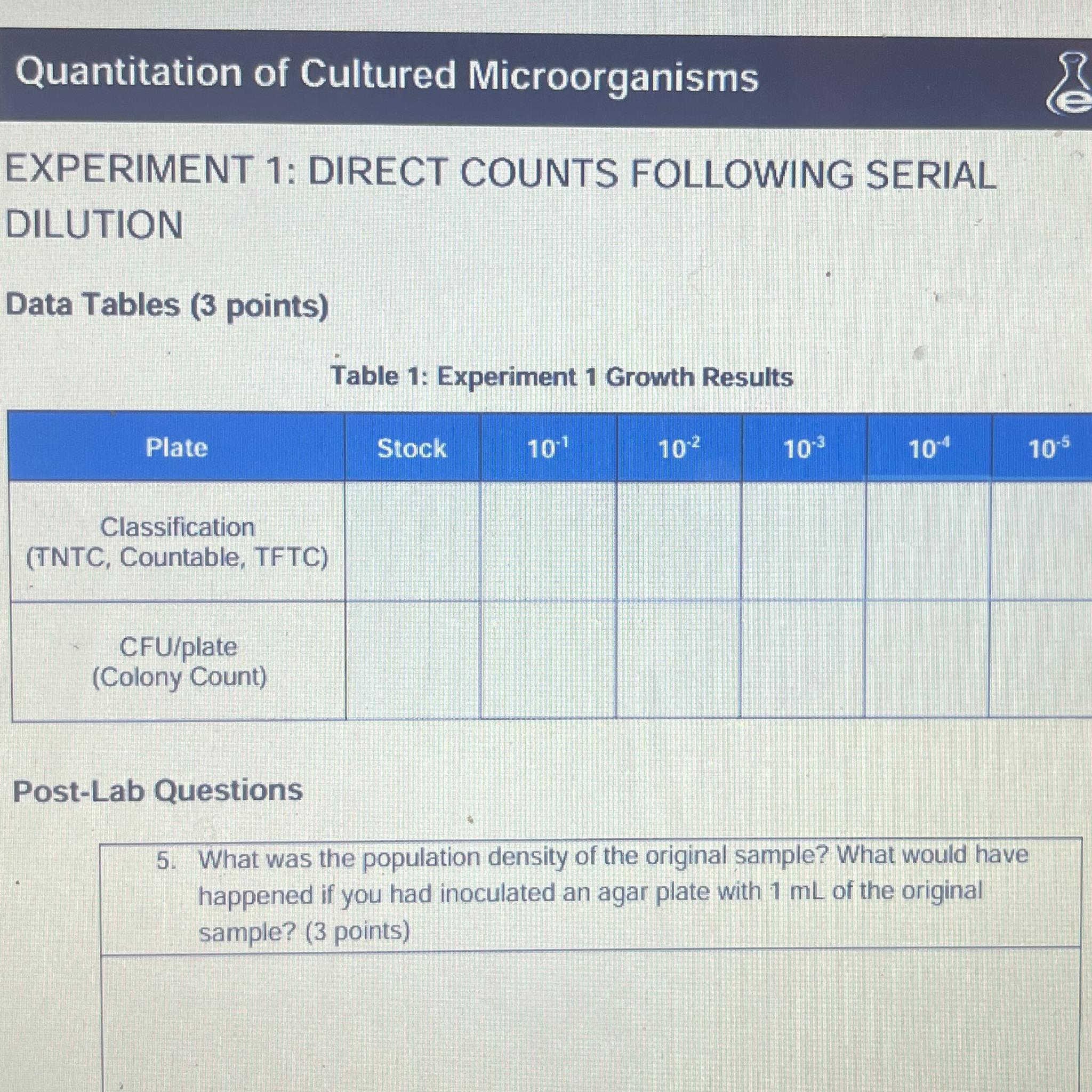 Quantitation of Cultured MicroorganismsEXPERIMENT 1: | Chegg.com