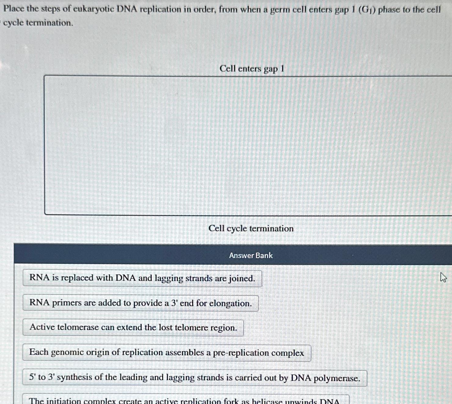Solved Place the steps of eukaryotic DNA replication in | Chegg.com