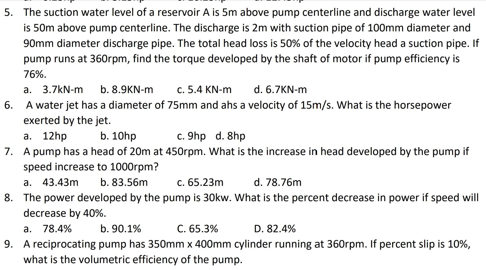 Solved 5. The suction water level of a reservoir A is 5 m | Chegg.com