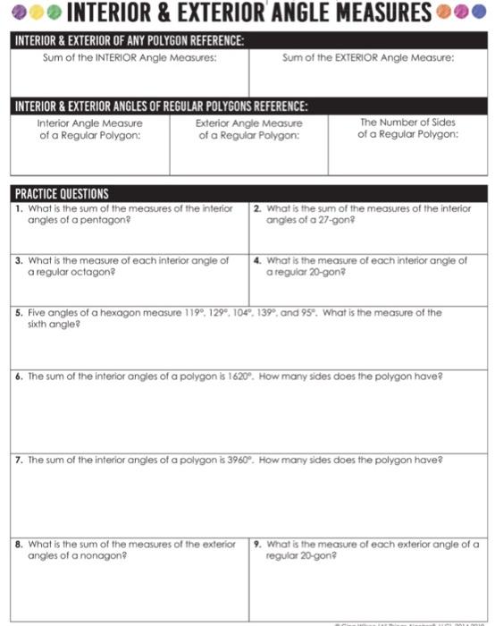 Solved INTERIOR & EXTERIOR ANGLE MEASURES INTERIOR & | Chegg.com