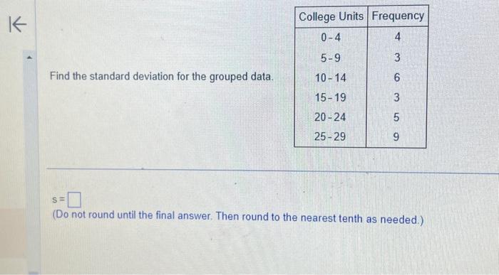Solved K Find the standard deviation for the grouped data. | Chegg.com