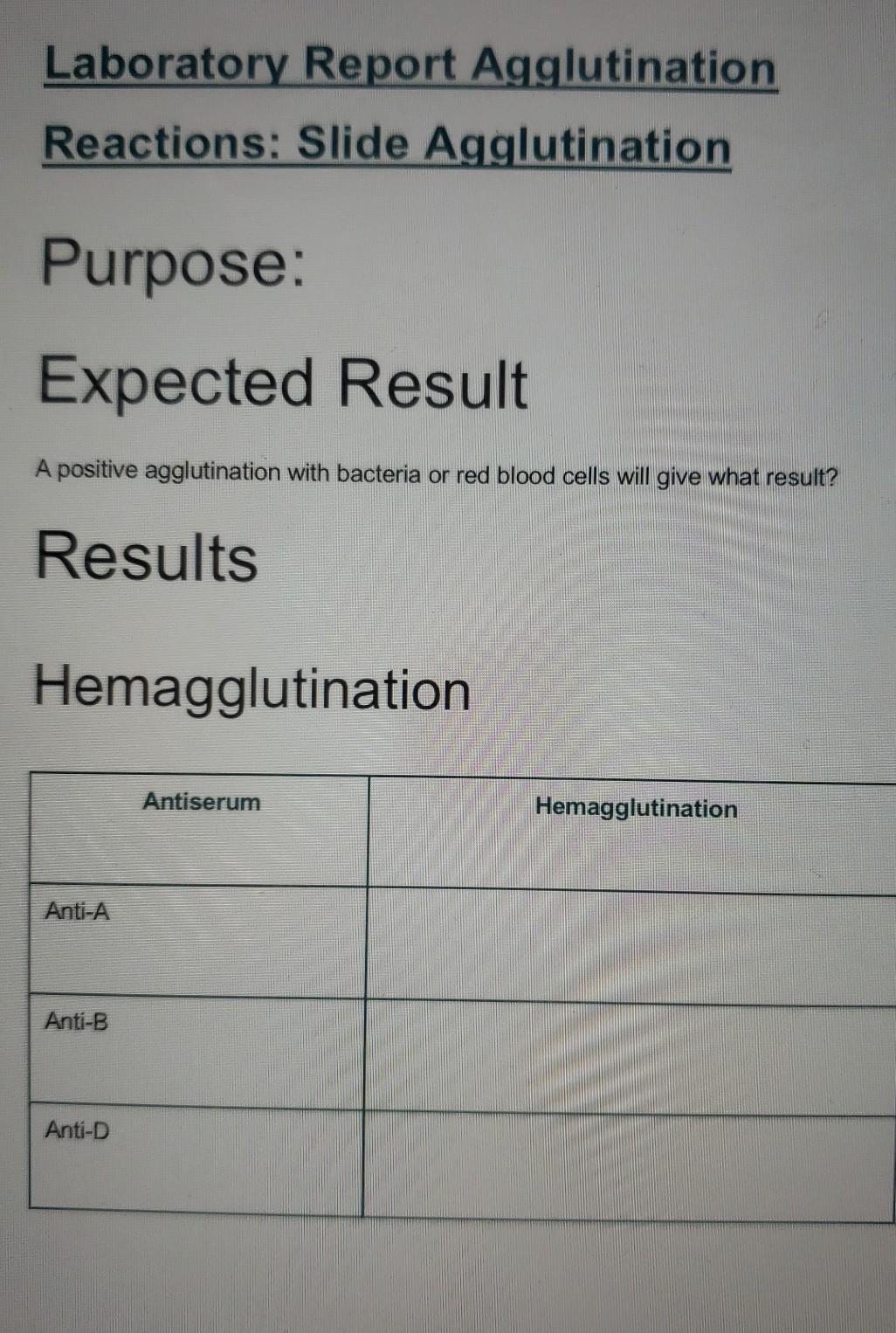 Solved Laboratory Report Agglutination Reactions: Slide | Chegg.com