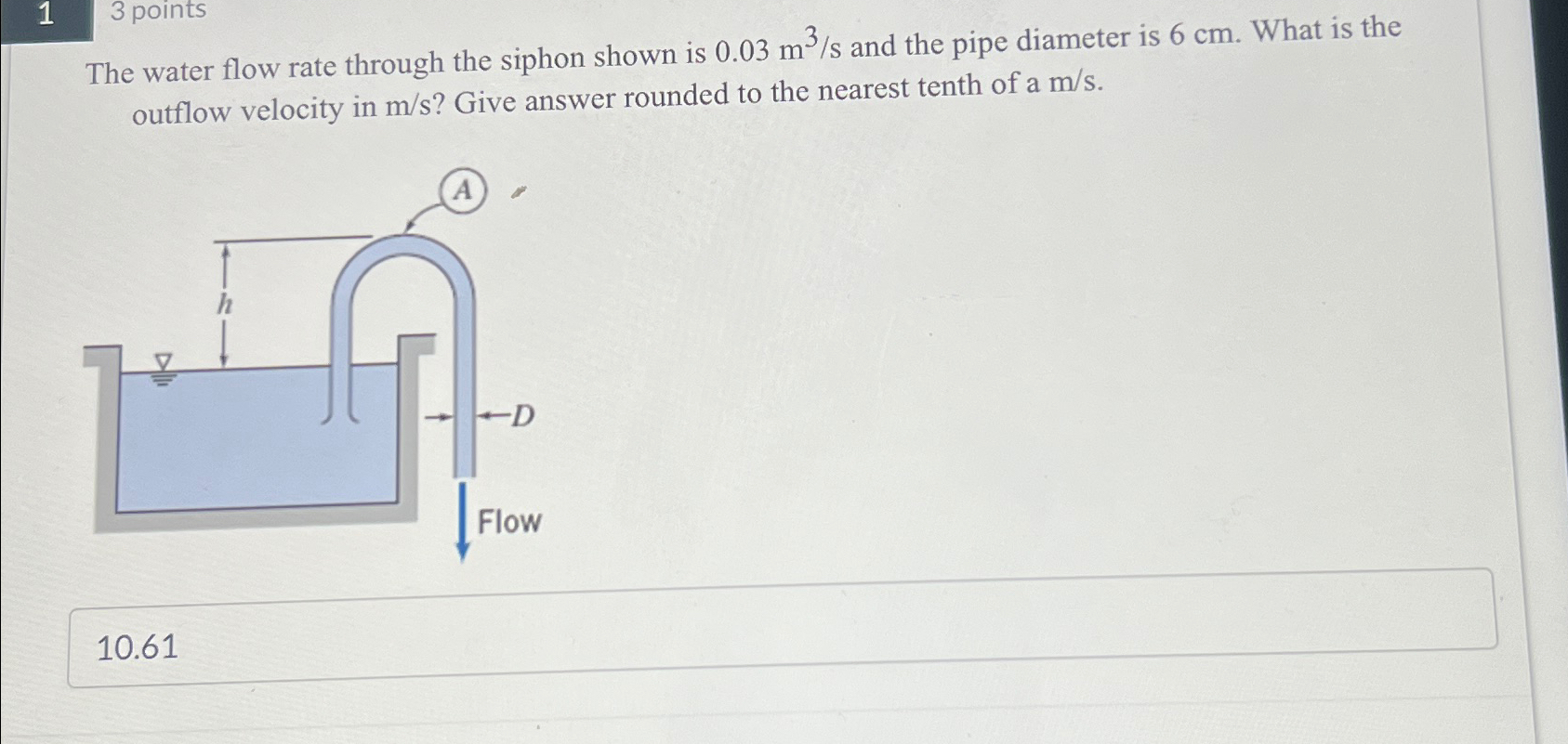 Solved 1\\n3 points\\nThe water flow rate through the siphon | Chegg.com