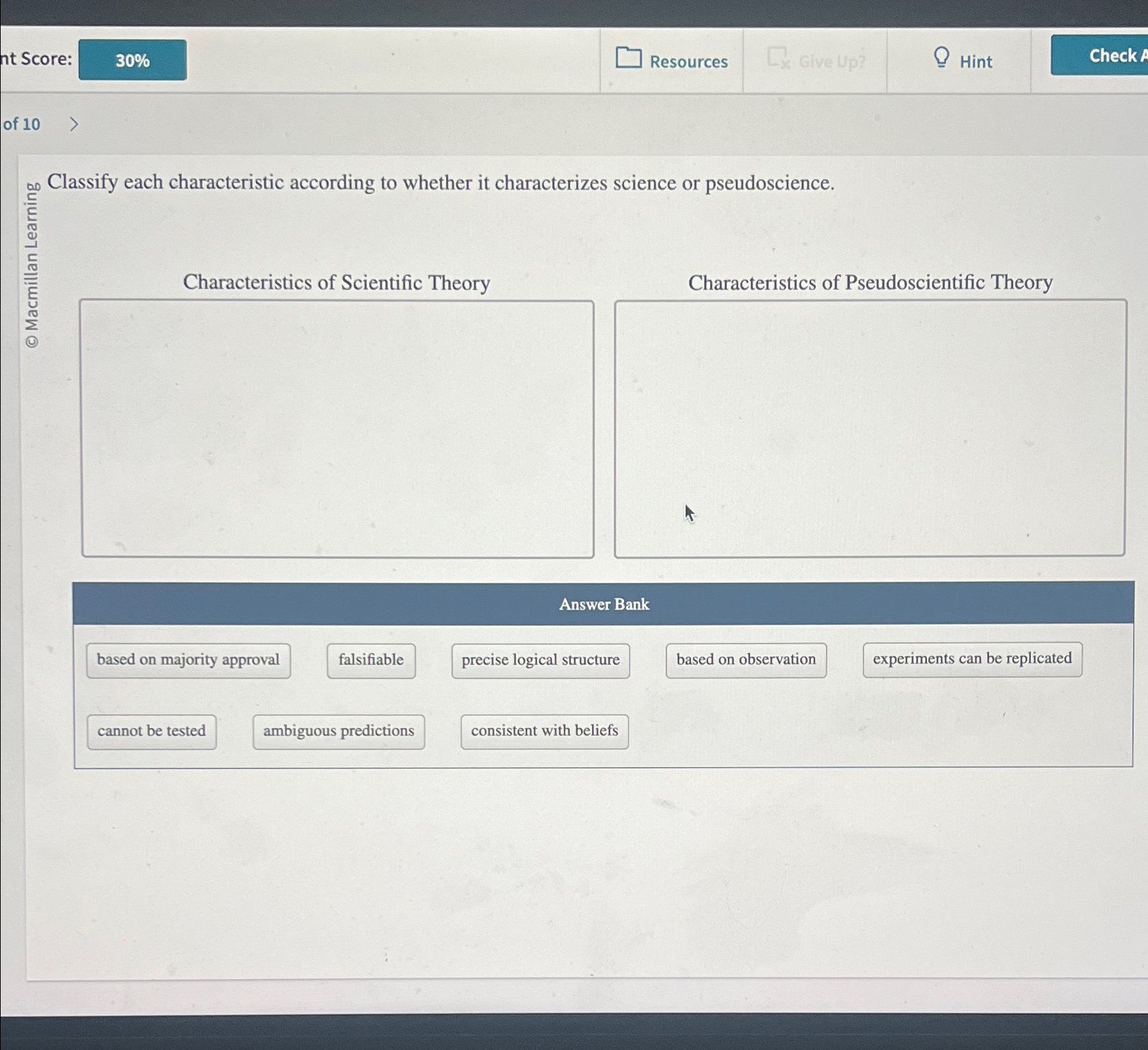 Solved ResourcesHintof 10Classify each characteristic | Chegg.com