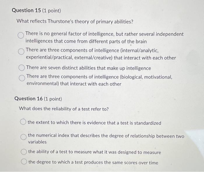 Solved Question 15 (1 point) What reflects Thurstone's | Chegg.com