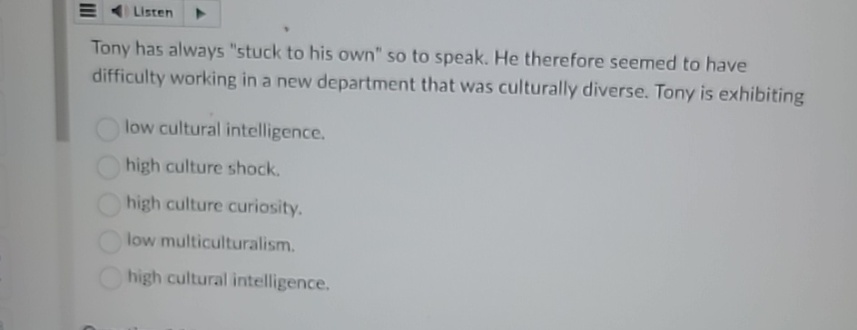 Solved ListenTony has always "stuck to his own" so to speak. | Chegg.com