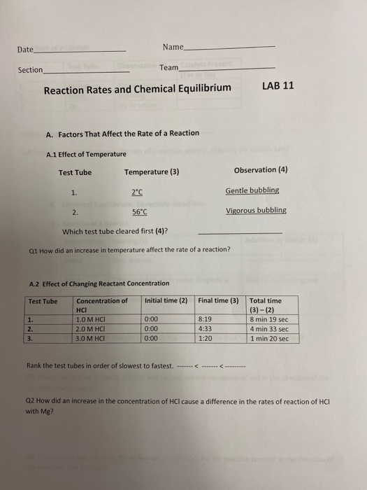 Solved Date Name Section Team LAB 11 Reaction Rates and | Chegg.com