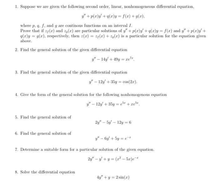 Solved 1. Suppose we are given the following second order, | Chegg.com