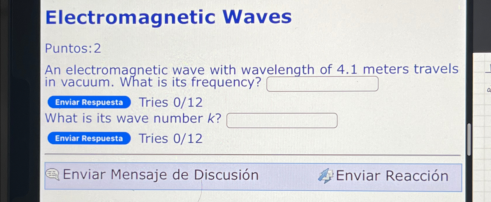 Solved Electromagnetic WavesPuntos:2An electromagnetic wave | Chegg.com