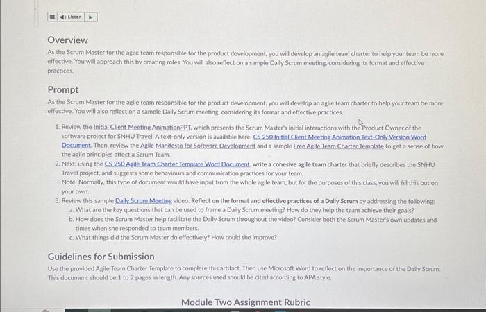 Overview As the Scrum Master for the agile team | Chegg.com