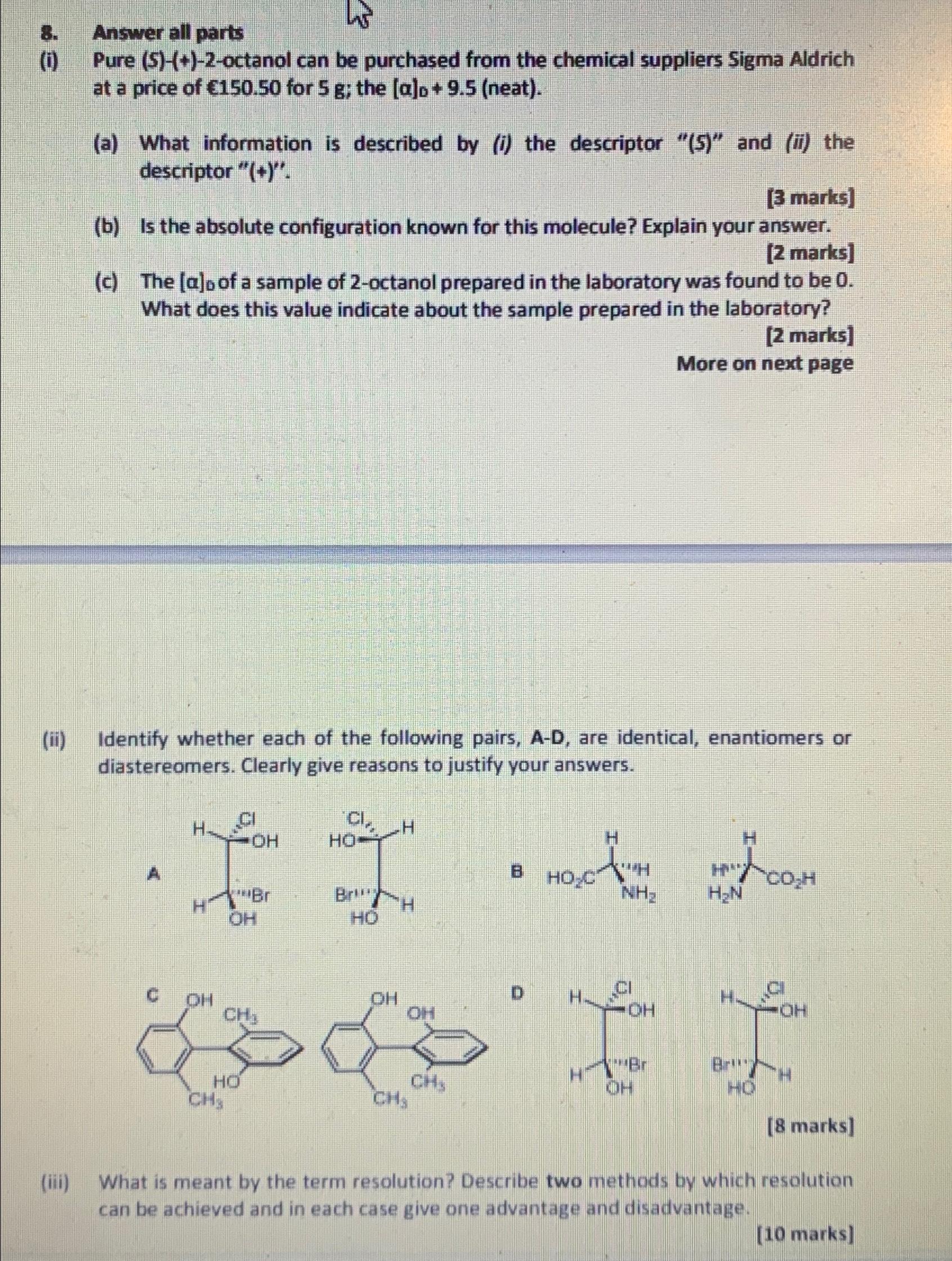 Solved Answer all parts(i) ﻿Pure (S)-(+)-2-octanol can be | Chegg.com