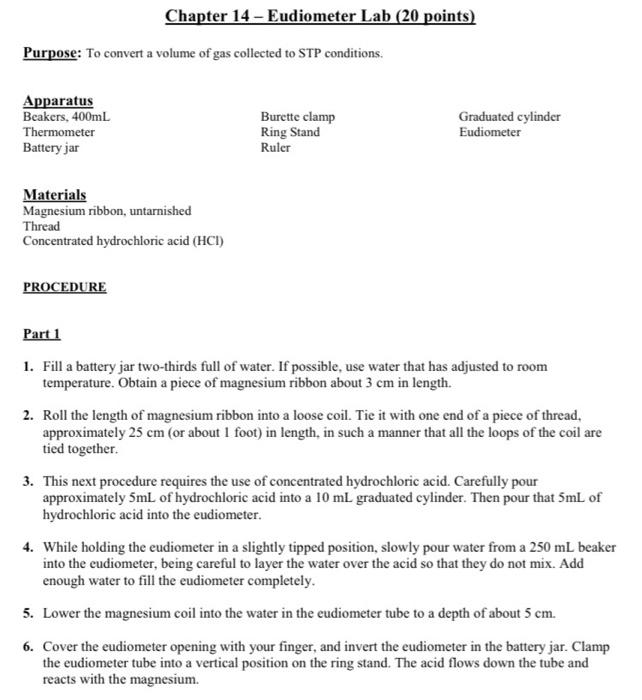 Solved Chapter 14 - Eudiometer Lab (20 points) Purpose: To | Chegg.com