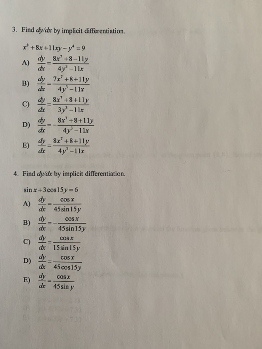 Solved 3. Find dy/dx by implicit differentiation. | Chegg.com