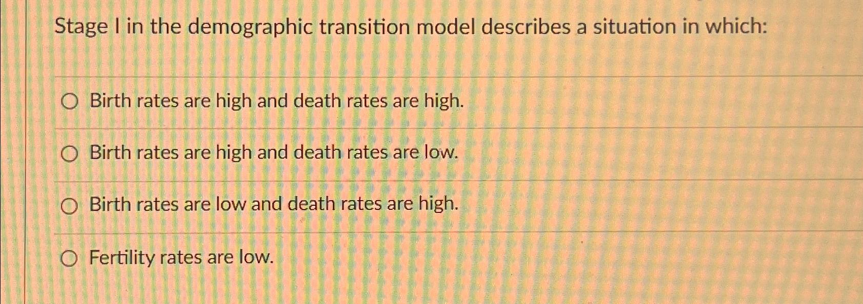 Solved Stage I in the demographic transition model describes | Chegg.com