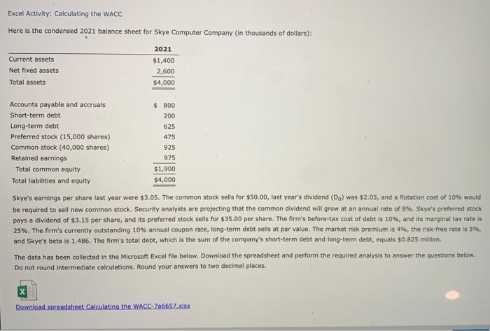 Solved Excel Activity: Calculating the WACC Here is the | Chegg.com