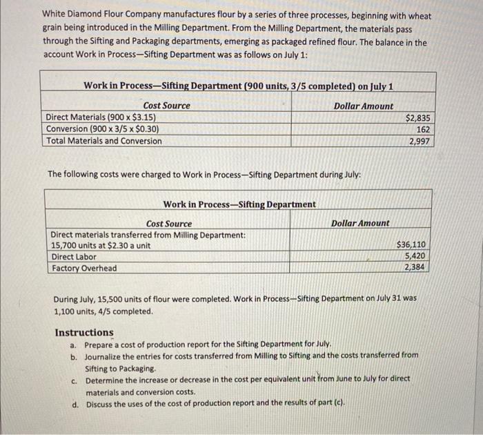 Solved White Diamond Flour Company manufactures flour by a | Chegg.com