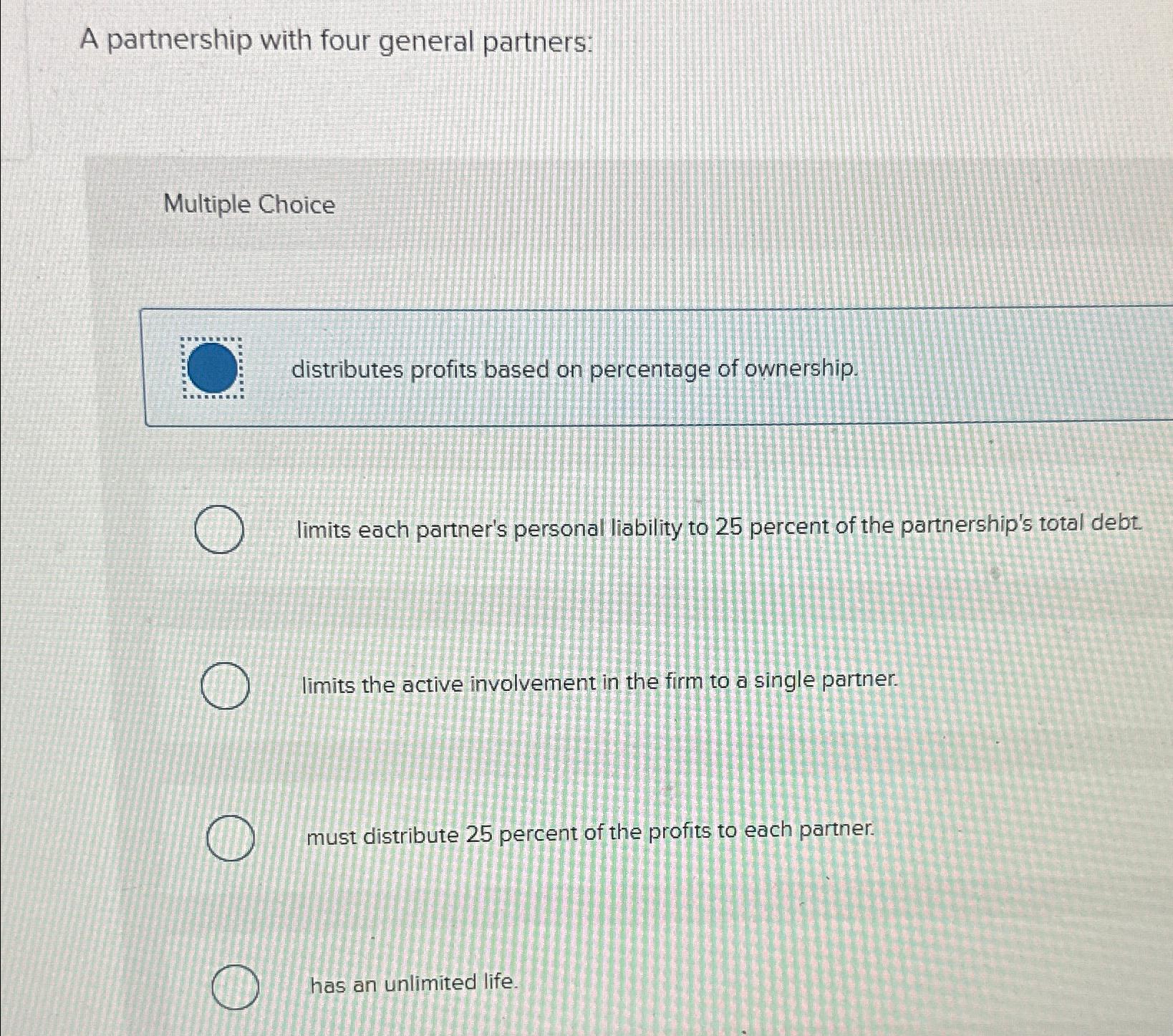 Solved A partnership with four general partners:\\nMultiple | Chegg.com