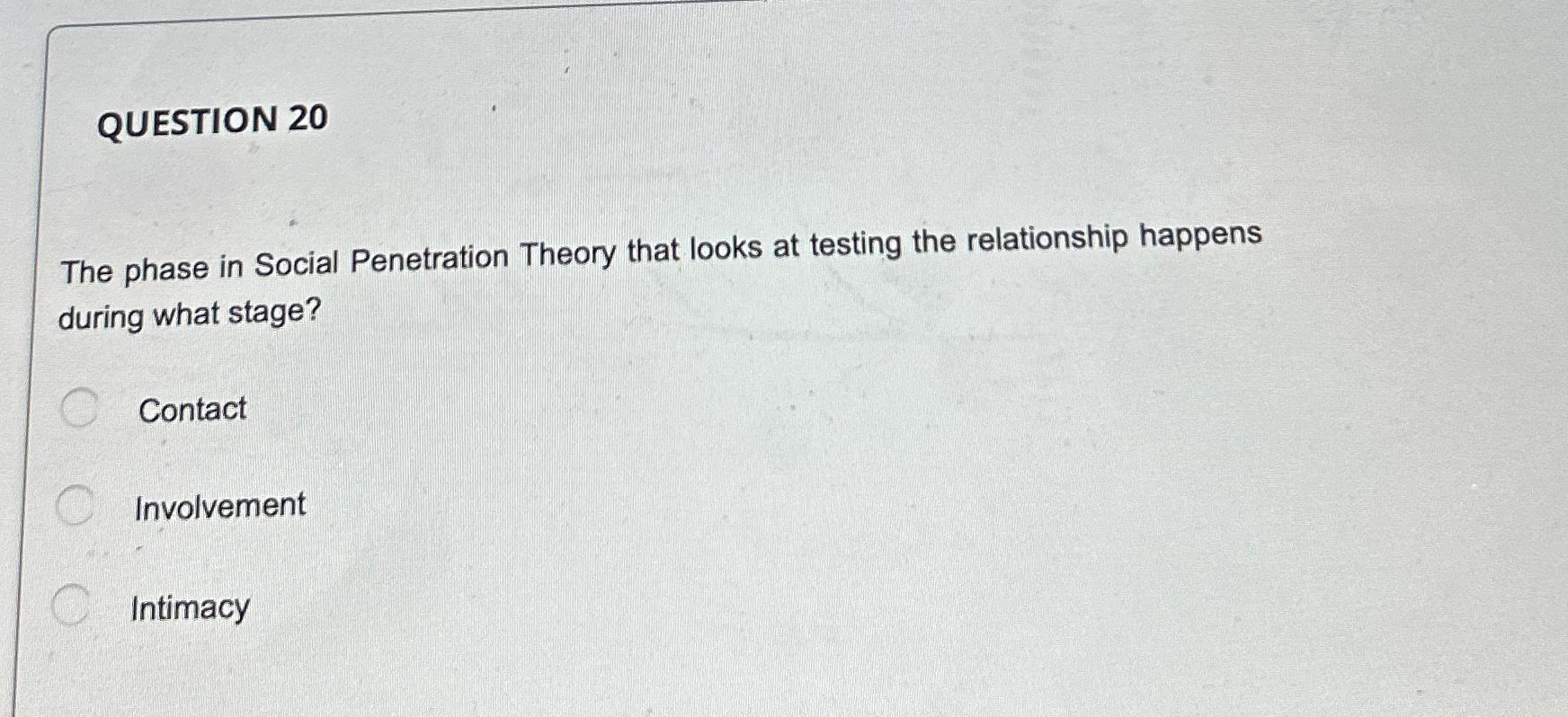 Solved QUESTION 20The phase in Social Penetration Theory | Chegg.com