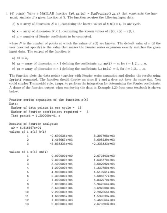 Solved 4. (45 points) Write o MATLAB function [a0, an, bn] = | Chegg.com