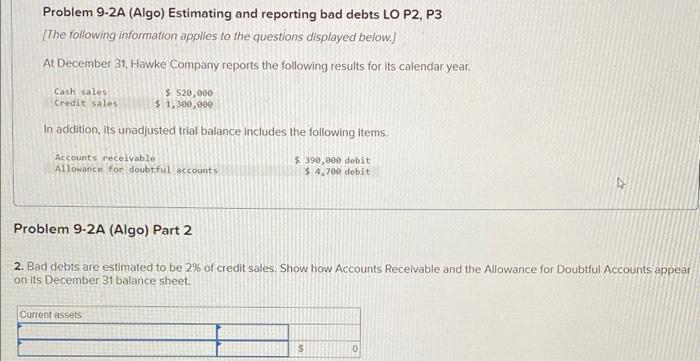 Solved Problem 9-2A (Algo) Estimating and reporting bad | Chegg.com