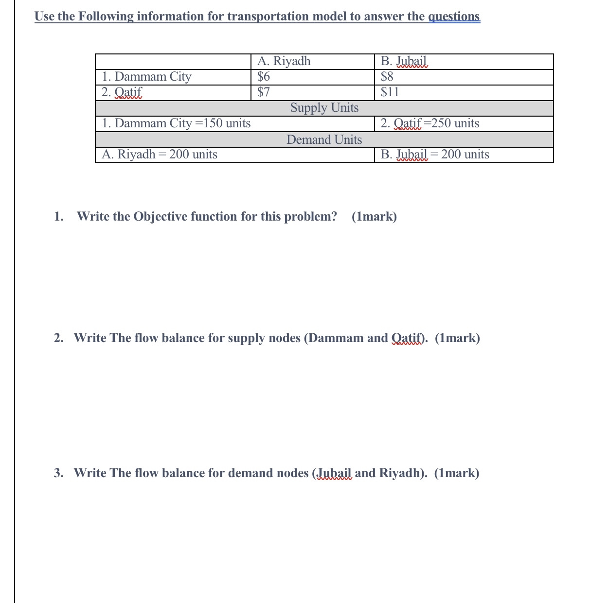 Solved Use the Following information for transportation | Chegg.com