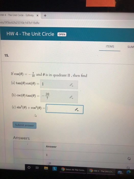 Solved HW 4 - The Unit Circle - Edfinity X + | Chegg.com
