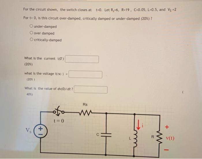 Solved For the circuit shown, the switch closes at t=0. Let | Chegg.com