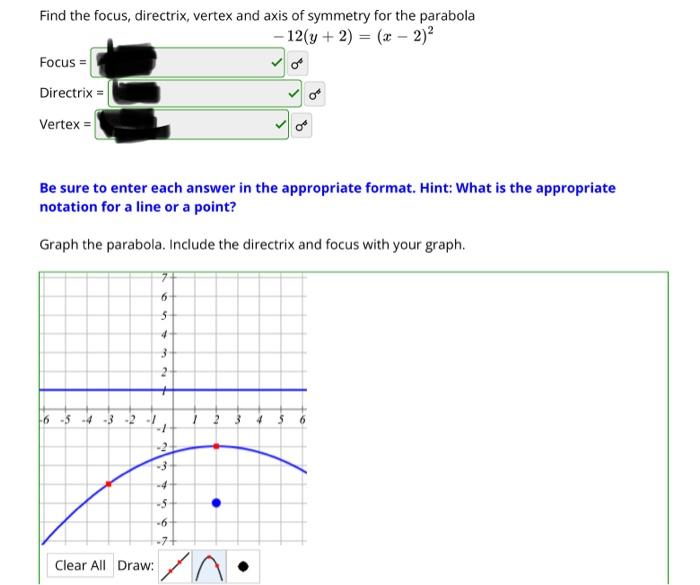 Solved −12(y+2)=(x−2)2 Focus = Directrix = Vertex = Be sure | Chegg.com