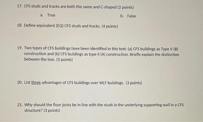 Solved 17. CFS studs and tracks are both the same and | Chegg.com