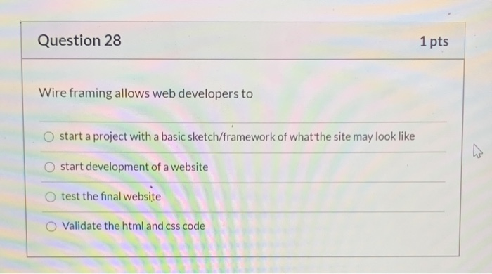 Solved Question 28 1 pts Wire framing allows web developers | Chegg.com