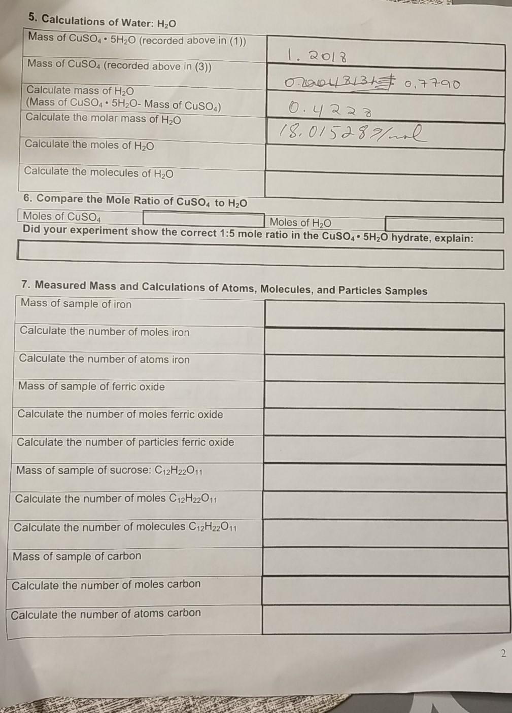 Solved 1. Measured Mass of the Hydrate: CuSO4.5H2O Mass of | Chegg.com