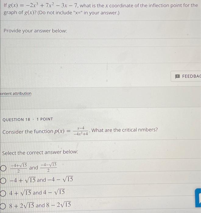 Solved If g(x)=−2x3+7x2−3x−7, what is the x coordinate of | Chegg.com