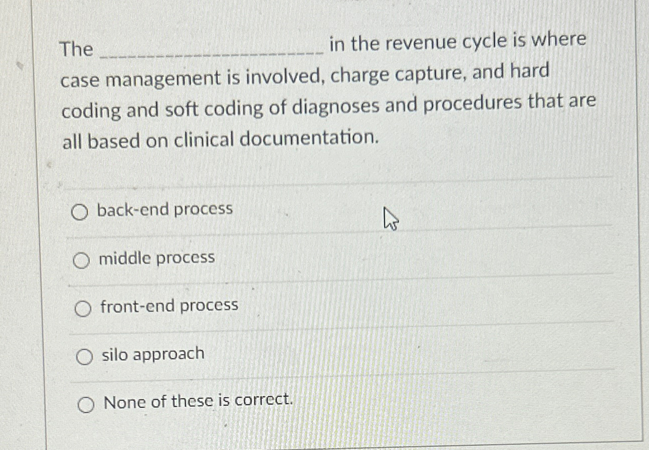 Solved The in the revenue cycle is where case management is | Chegg.com Solved The in the revenue cycle is where case management is | Chegg.com