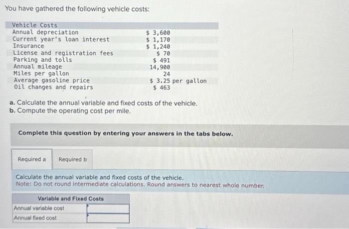 Solved You have gathered the following vehicle costs: a. | Chegg.com