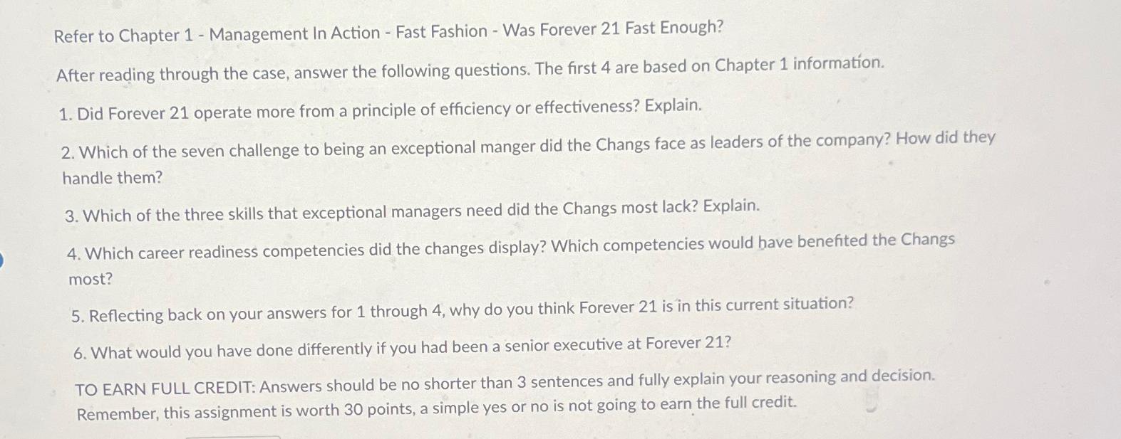 Solved Refer to Chapter 1 - ﻿Management In Action - ﻿Fast | Chegg.com