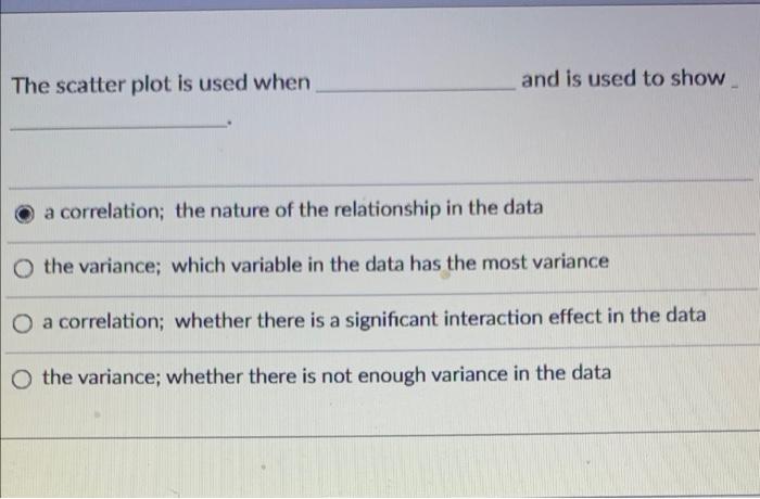 Solved The scatter plot is used when and is used to show a | Chegg.com