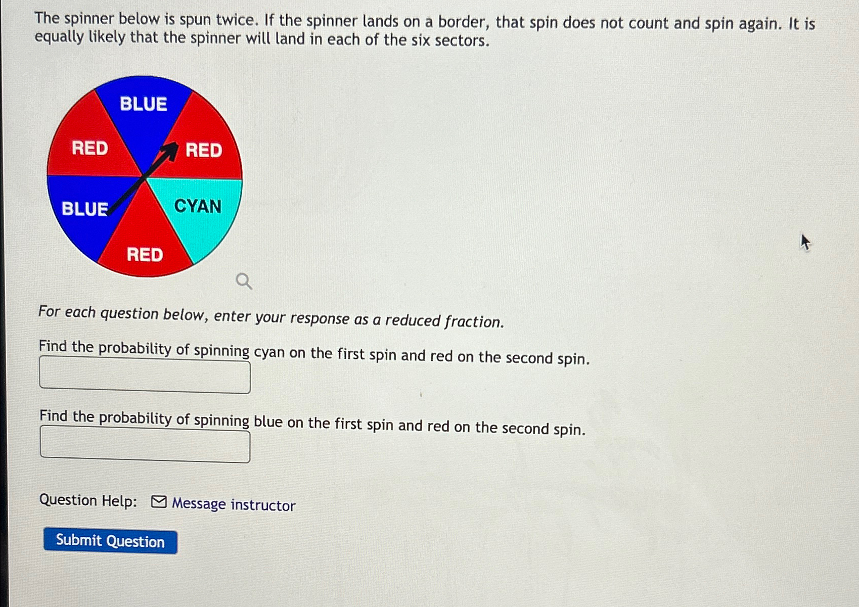 Solved The spinner below is spun twice. If the spinner lands | Chegg.com