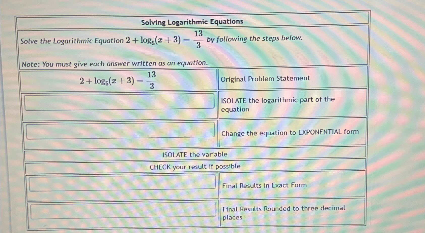 Solved Solving Logarithmic EquationsSolve the Logarithmic | Chegg.com