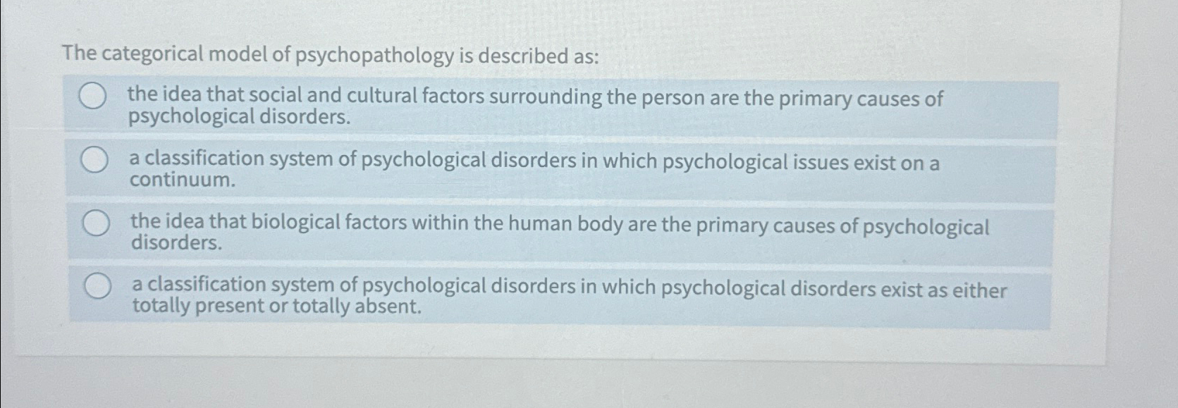 Solved The categorical model of psychopathology is described | Chegg.com