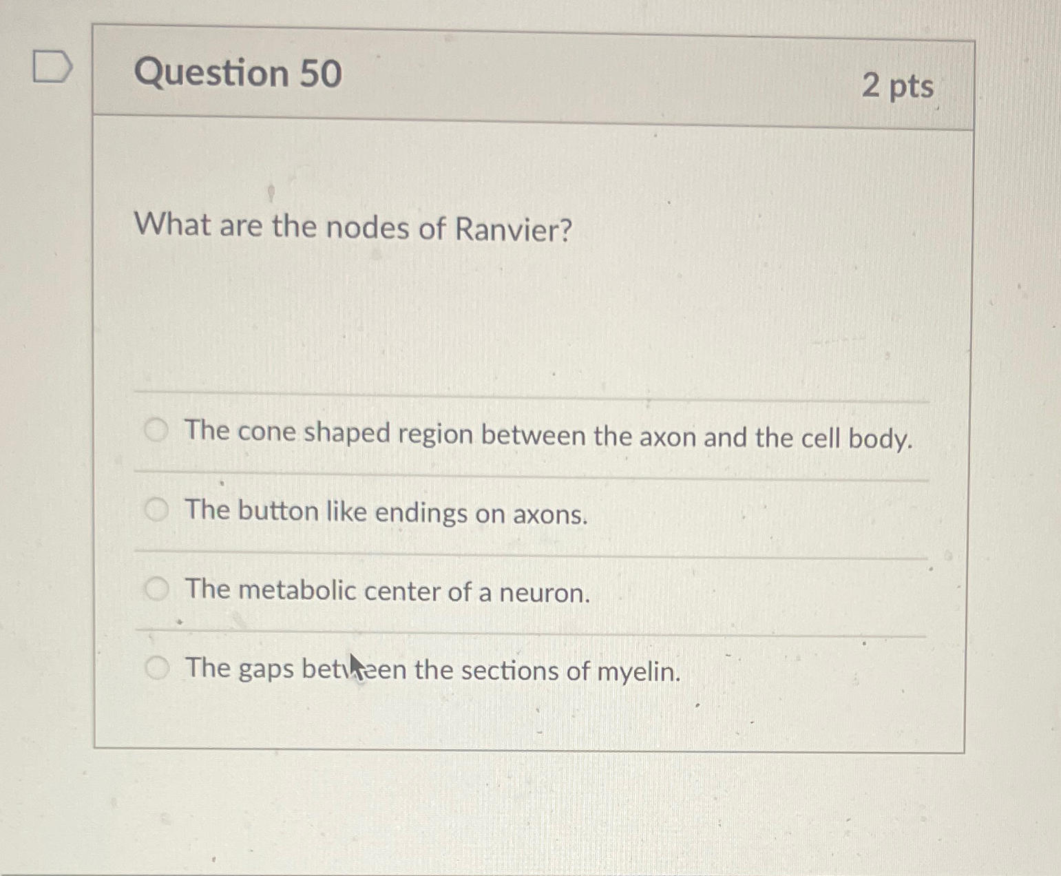 Solved Question 502 ﻿ptsWhat are the nodes of Ranvier?The | Chegg.com