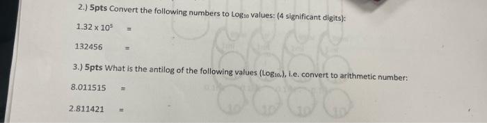 Solved 2.) 5 pts Convert the following numbers to log10 | Chegg.com