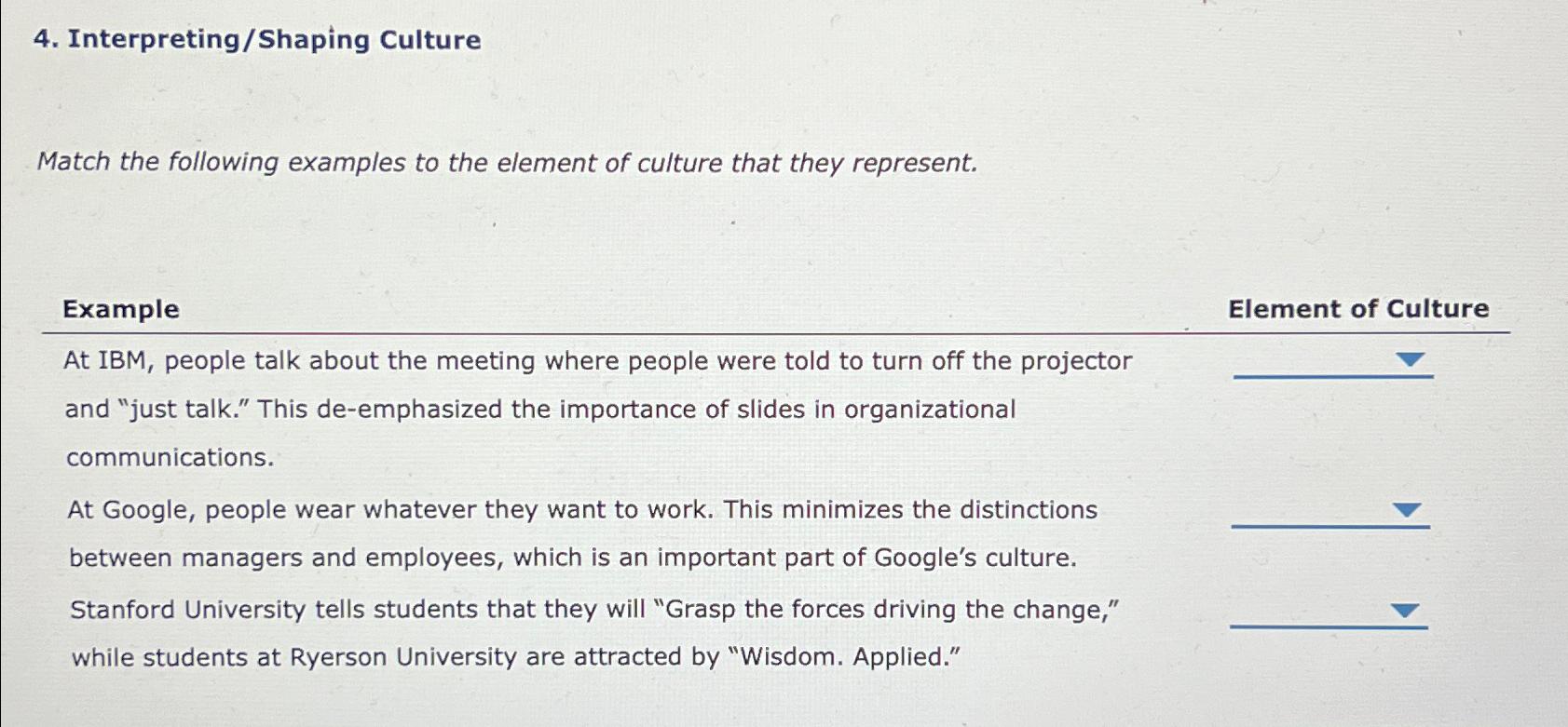 Solved Interpreting/Shaping CultureMatch the following | Chegg.com