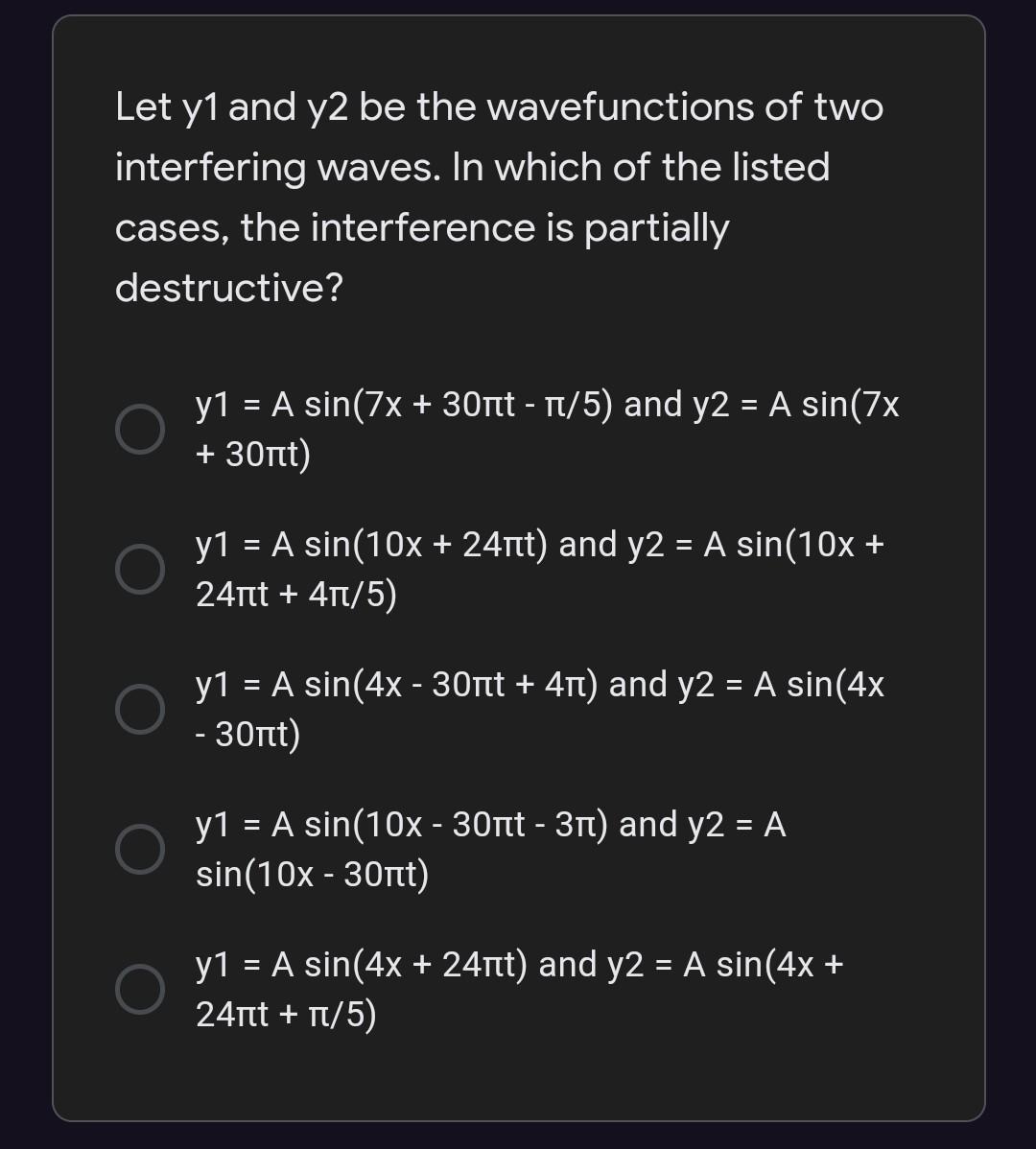 Solved Let y1 and y2 be the wavefunctions of two interfering | Chegg.com